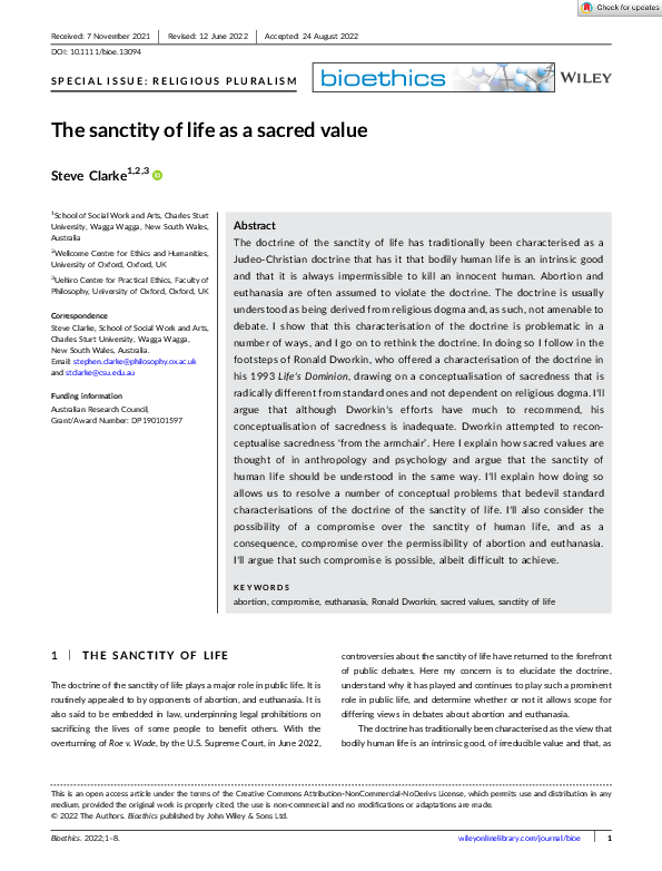 (PDF) The sanctity of life as a sacred value