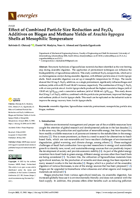 (PDF) Effect of Combined Particle Size Reduction and Fe3O4 Additives on Biogas and Methane ...