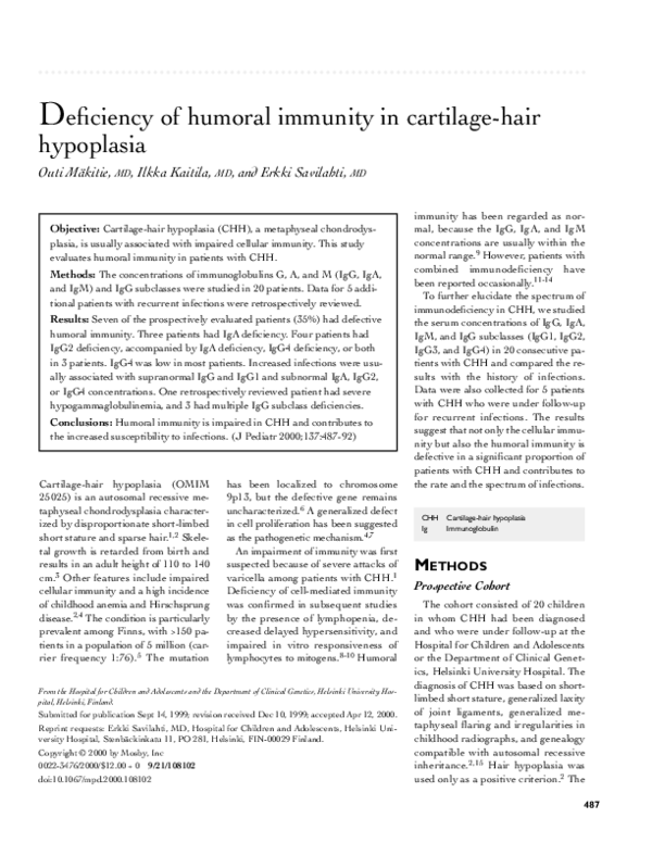 (PDF) Deficiency of humoral immunity in cartilage-hair hypoplasia