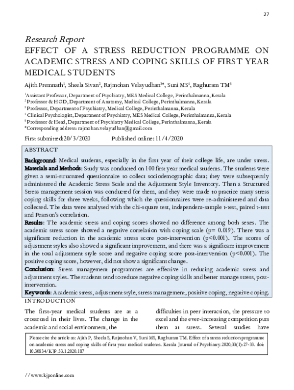 (PDF) Effect of a Stress Reduction Programme on Academic Stress and ...