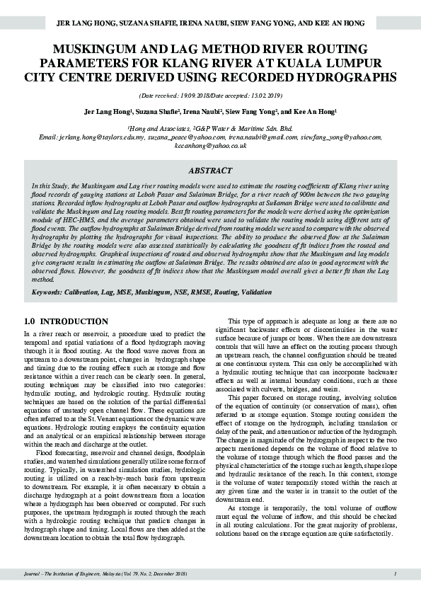 (PDF) Muskingum and Lag Method River Routing Parameters for Klang River at Kuala Lumpur City ...