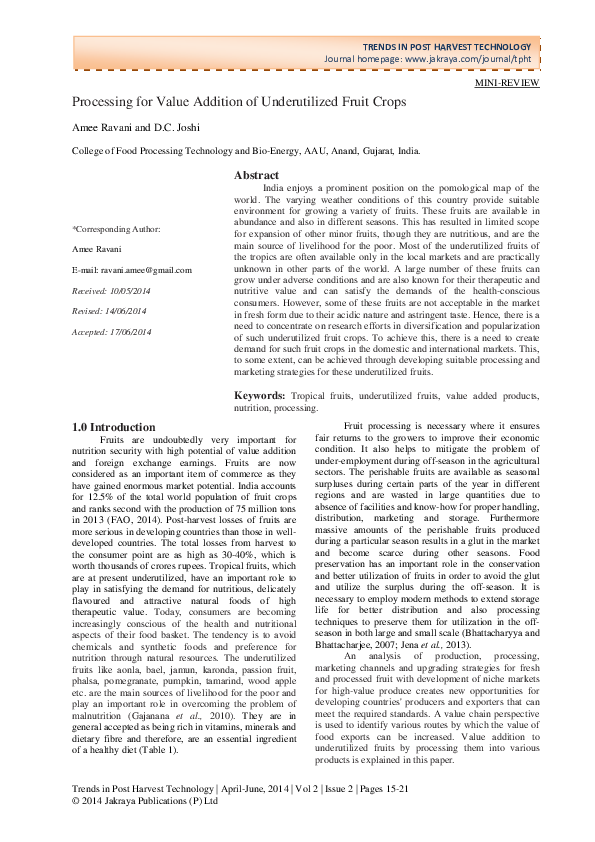 (PDF) Processing for Value Addition of Underutilized Fruit Crops