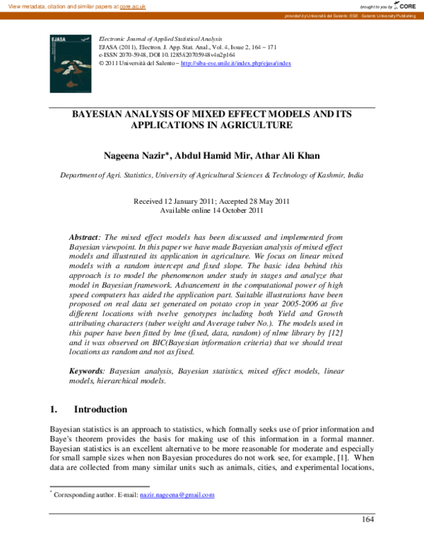 Pdf Bayesian Analysis Of Mixed Effect Models And Its Applications In