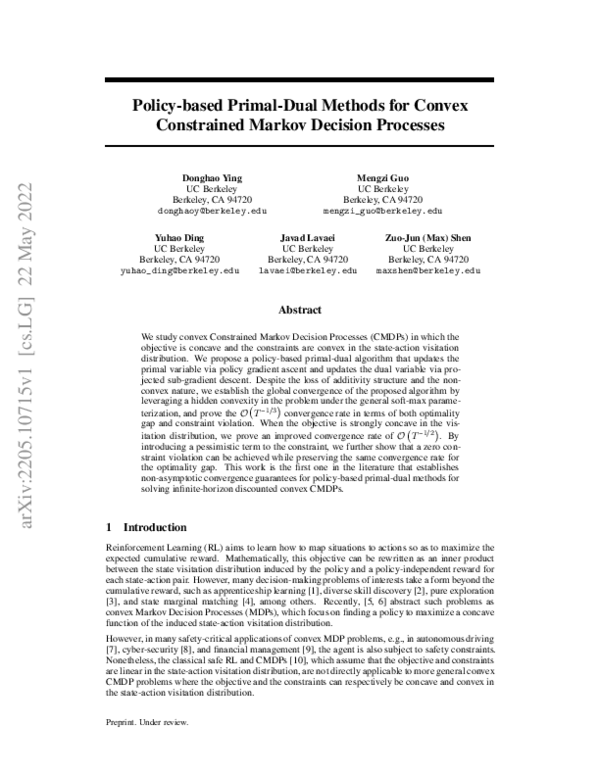 (PDF) Policy-based Primal-Dual Methods for Convex Constrained Markov Decision Processes