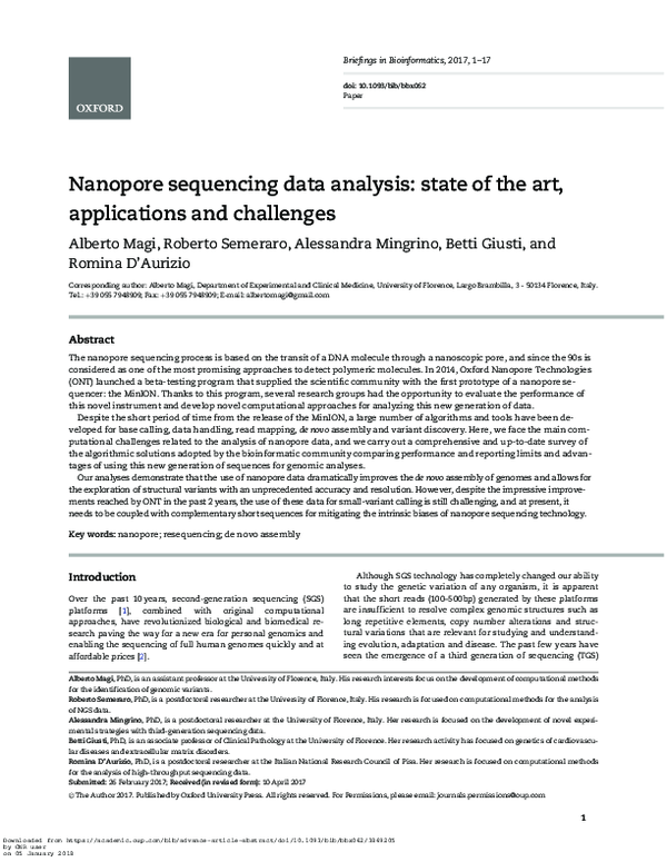 (PDF) Nanopore sequencing data analysis: state of the art, applications and challenges