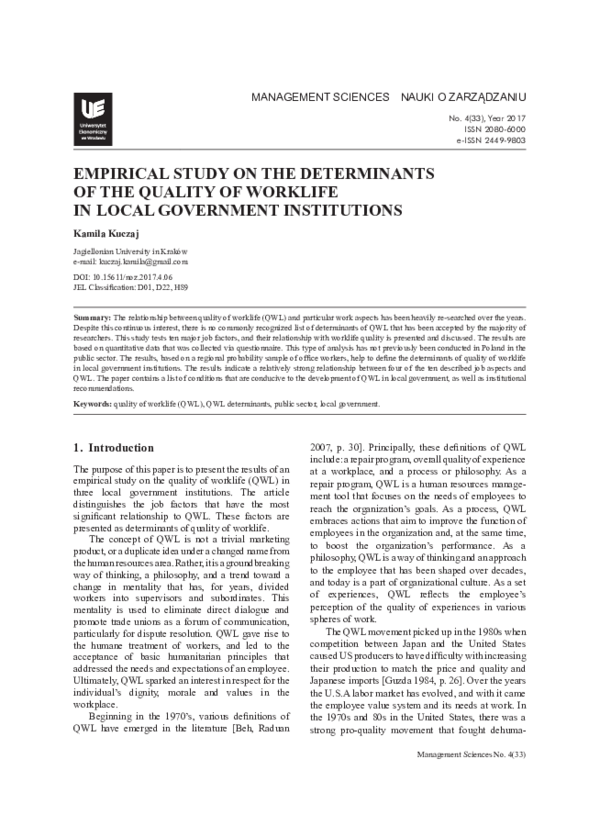 (PDF) Empirical Study on the Determinants of the Quality of Worklife in Local Government ...