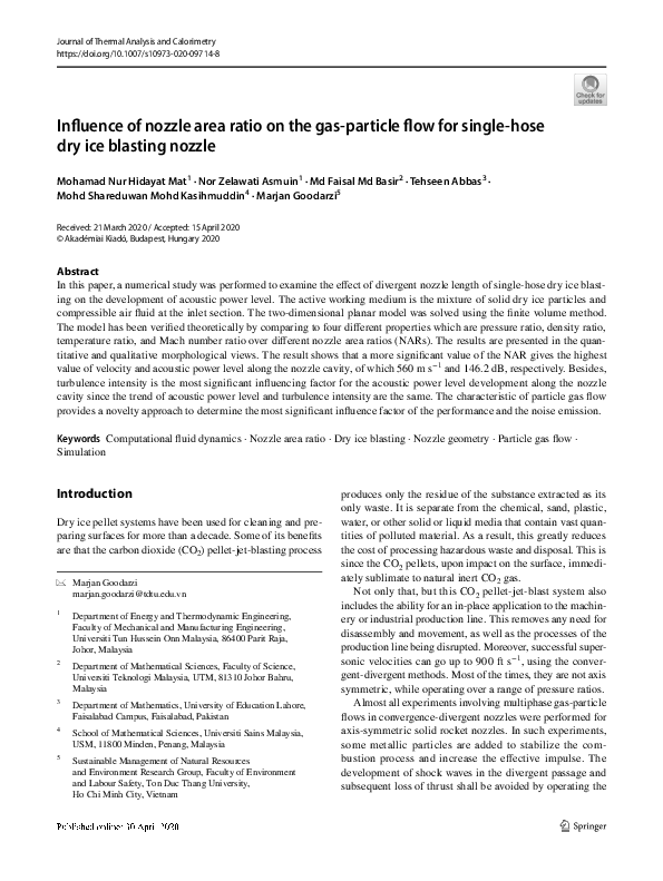 (PDF) Influence of nozzle area ratio on the gas-particle flow for single-hose dry ice blasting ...