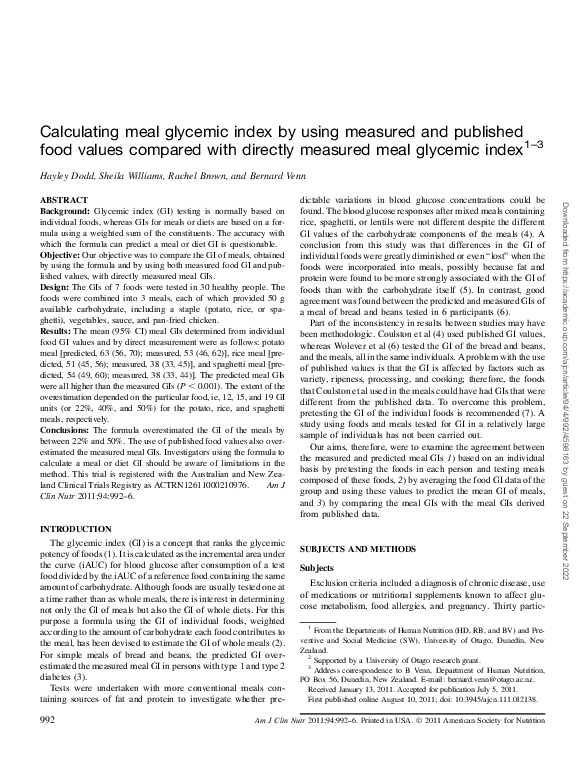 (PDF) Calculating meal glycemic index by using measured and published ...