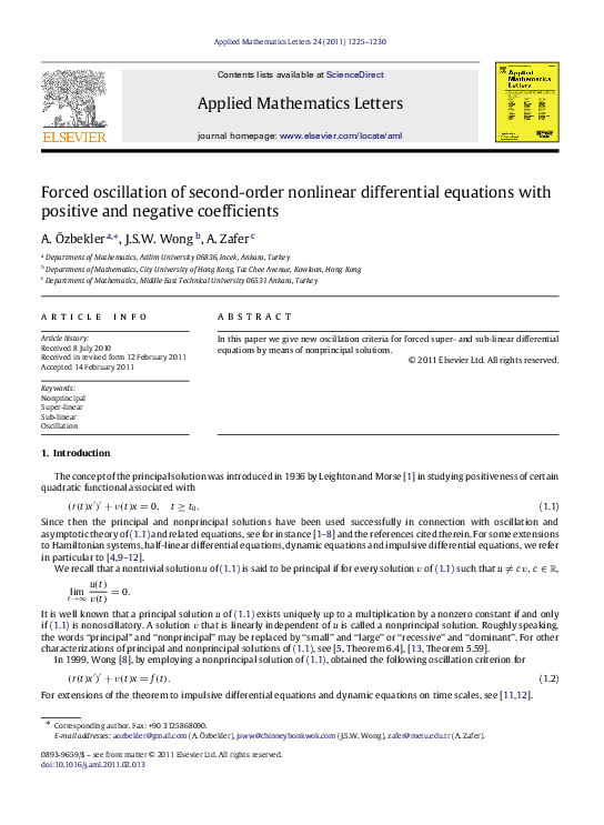 Pdf Forced Oscillation Of Second Order Nonlinear Differential Equations With Positive And