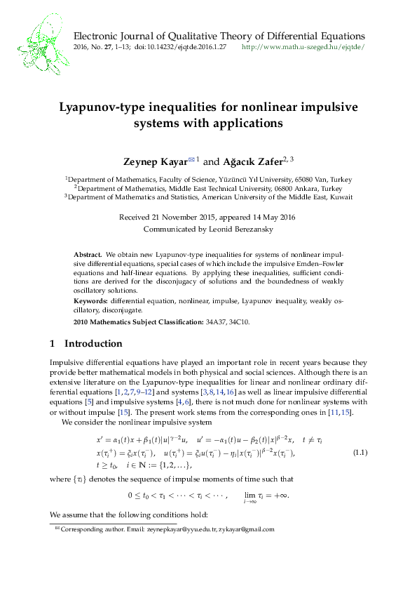 (PDF) Lyapunov-type inequalities for nonlinear impulsive systems with applications