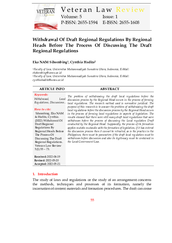 (PDF) Withdrawal Of Draft Regional Regulations By Regional Heads Before ...