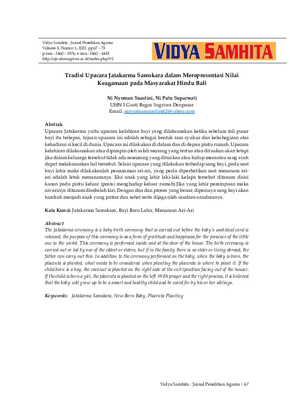 (PDF) Tradisi Upacara Jatakarma Samskara Dalam Merepresentasi Nilai Keagamaan Pada Masyarakat ...