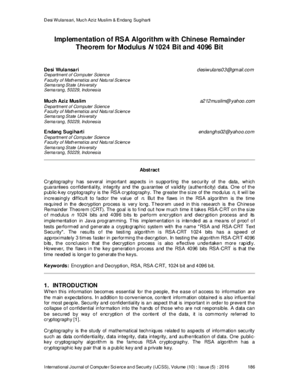 Pdf Implementation Of Rsa Algorithm With Chinese Remainder Theorem