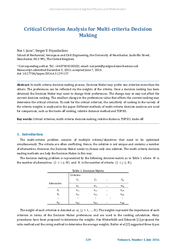 (PDF) Critical Criterion Analysis for Multi-criteria Decision Making (PDF) Critical Criterion Analysis for Multi-criteria Decision Making