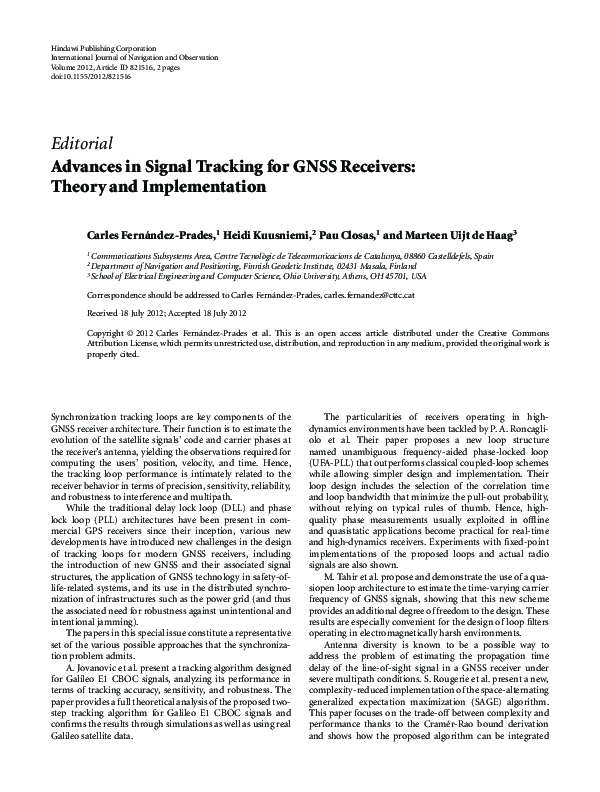 (PDF) Advances in signal tracking for GNSS receivers: Theory and implementation
