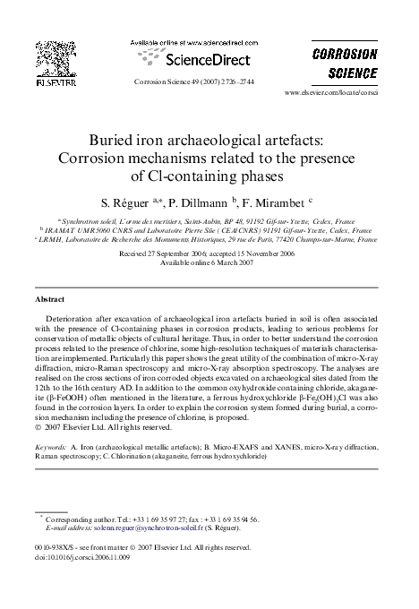 (PDF) Buried iron archaeological artefacts: Corrosion mechanisms related to the presence of Cl ...