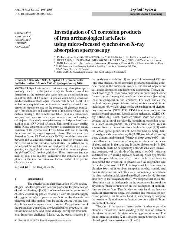 (PDF) Investigation of Cl corrosion products of iron archaeological artefacts using micro ...