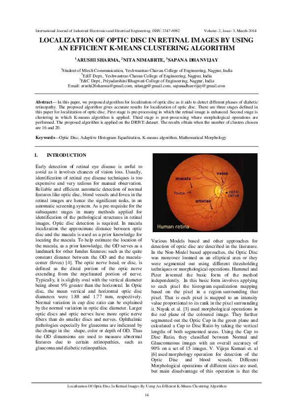 Pdf Localization Of Optic Disc In Retinal Images By Using An Efficient K Means Clustering