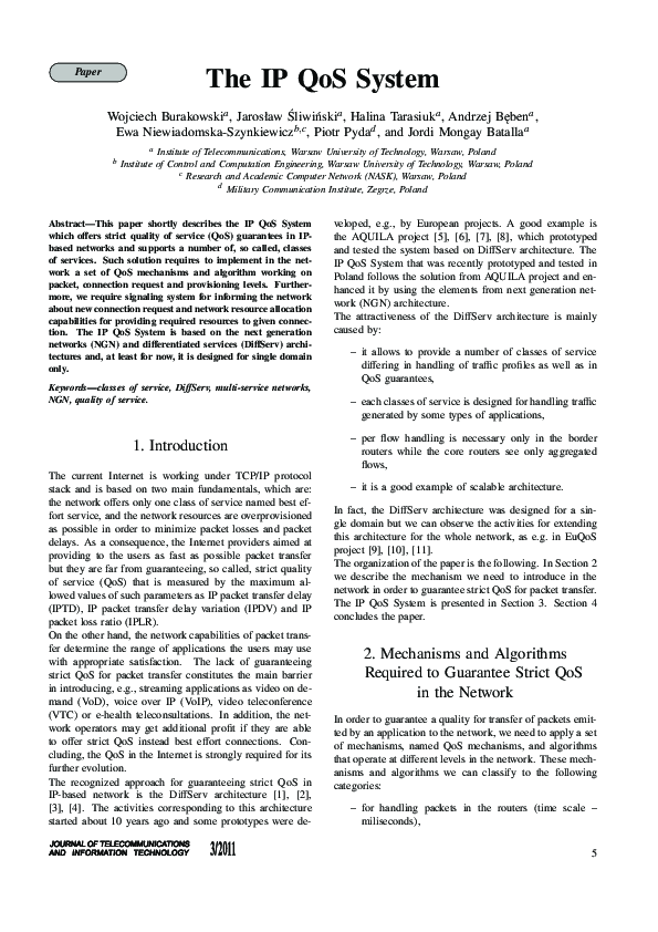 (PDF) The IP QoS System | Ewa Niewiadomska-Szynkiewicz - Academia.edu