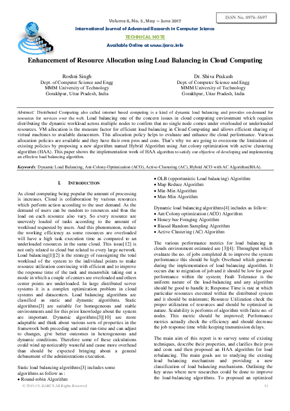 (PDF) Enhancement of Resource Allocation Using Load Balancing in Cloud Computing