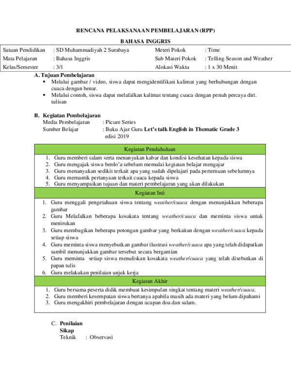 (PDF) RENCANA PELAKSANAAN PEMBELAJARAN (RPP) BAHASA INGGRIS