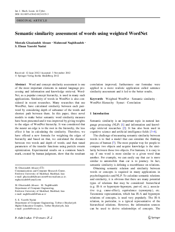 (PDF) Semantic similarity assessment of words using weighted WordNet