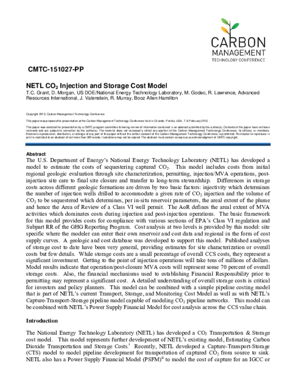 (PDF) NETL CO2 Injection and Storage Cost Model