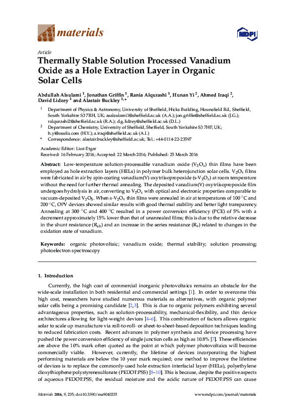 (PDF) Thermally Stable Solution Processed Vanadium Oxide as a Hole Extraction Layer in Organic ...