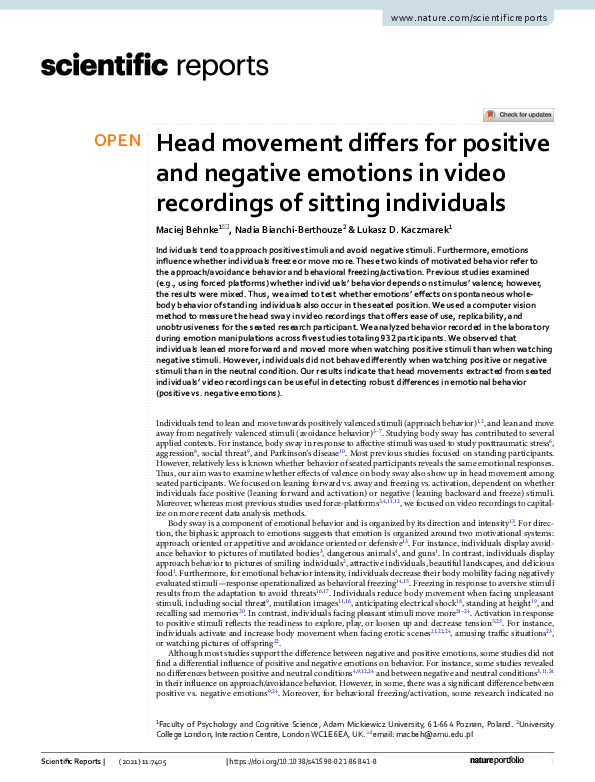 (PDF) Head movement differs for positive and negative emotions in video ...