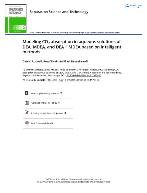 (PDF) Modeling CO2 absorption in aqueous solutions of DEA, MDEA, and DEA + MDEA based on ...