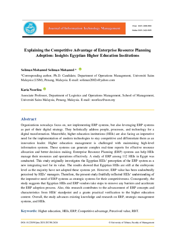 (PDF) Explaining the Competitive Advantage of Enterprise Resource Planning Adoption: Insights ...