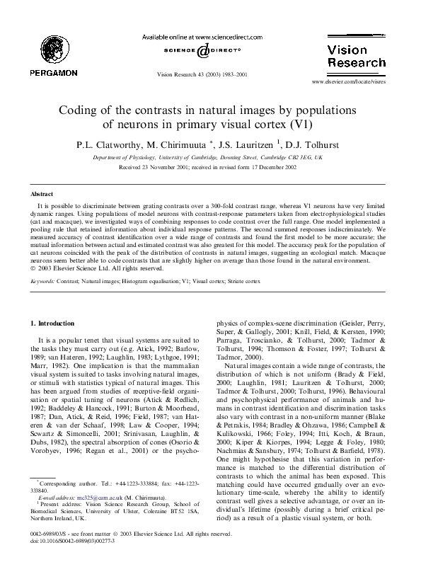 (PDF) Coding of the contrasts in natural images by populations of neurons in primary visual ...