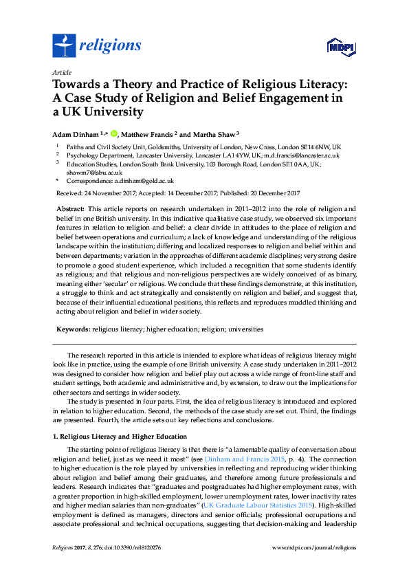 (PDF) Towards a Theory and Practice of Religious Literacy: A Case Study ...