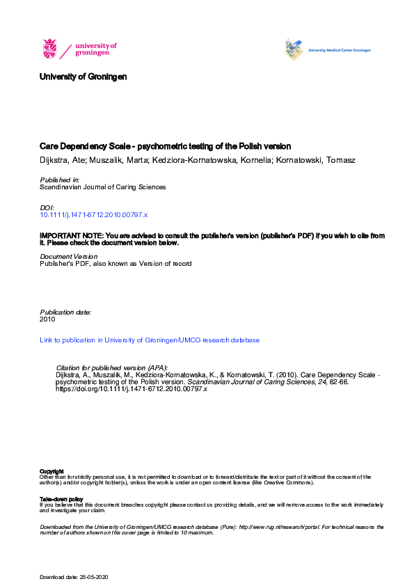 (PDF) Care Dependency Scale - psychometric testing of the Polish version