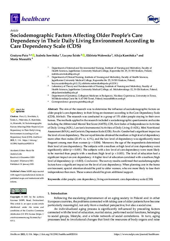 (PDF) Sociodemographic Factors Affecting Older People’s Care Dependency in Their Daily Living ...