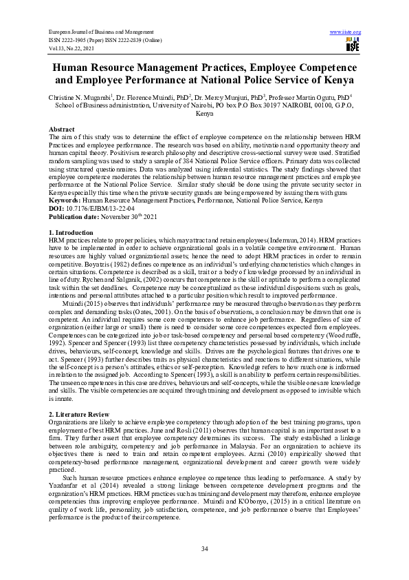 (PDF) Human Resource Management Practices, Employee Competence and Employee Performance at ...