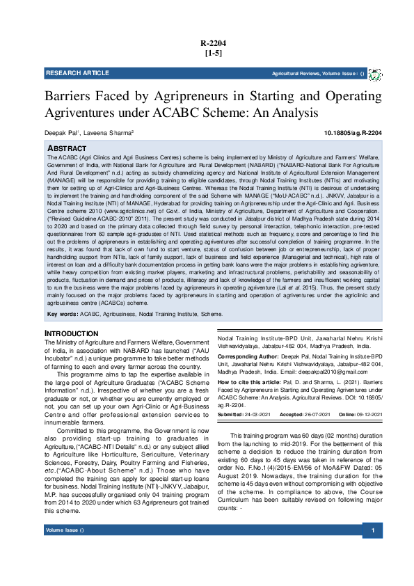 (PDF) Barriers Faced by Agripreneurs in Starting and Operating Agriventures under ACABC Scheme ...