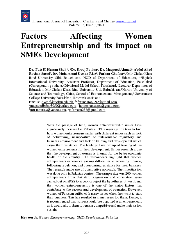 (PDF) Factors Affecting Women Entrepreneurship and its impact on SMEs Development