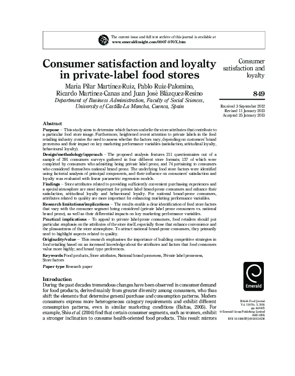 (PDF) Consumer satisfaction and loyalty in private-label food stores