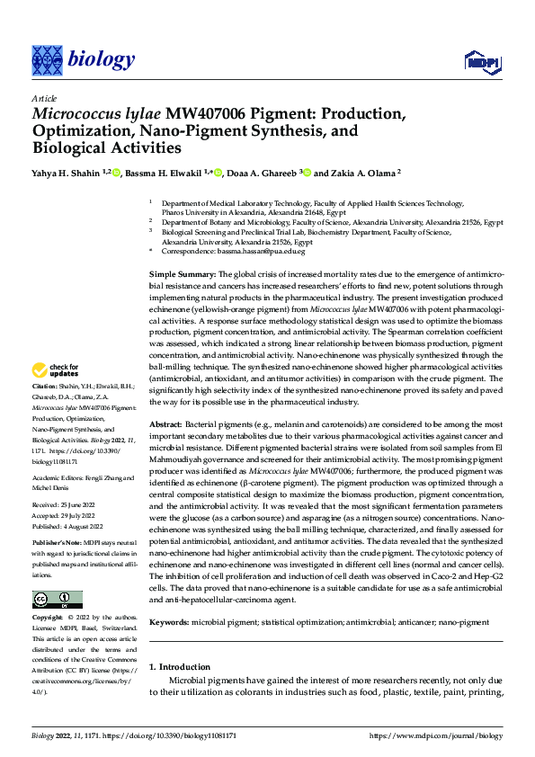 (PDF) Micrococcus lylae MW407006 Pigment: Production, Optimization ...