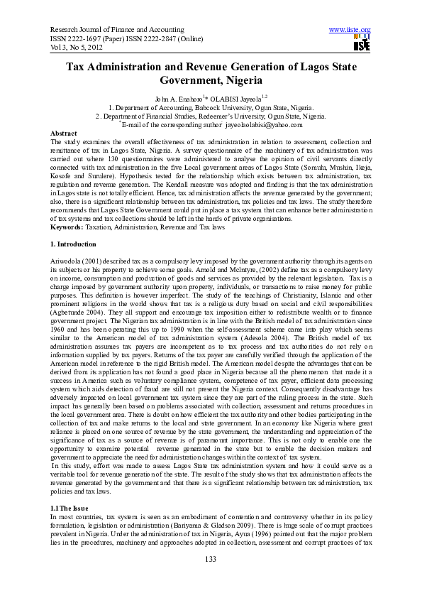 (PDF) Tax Administration and Revenue Generation of Lagos State Government, Nigeria