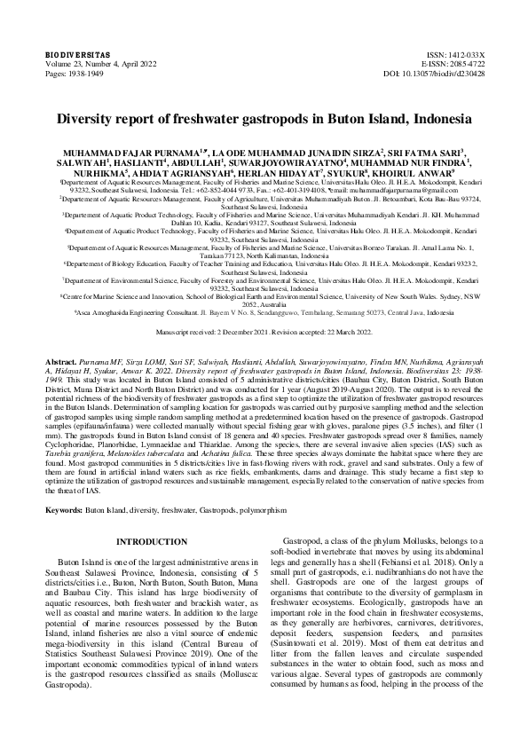 (PDF) Diversity report of freshwater gastropods in Buton Island, Indonesia