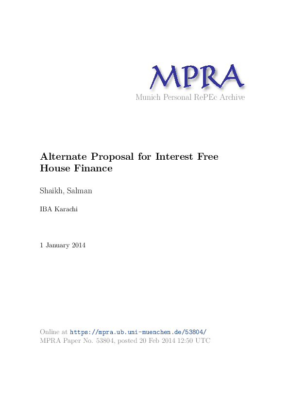 (PDF) Alternate Proposal for Interest Free House Finance