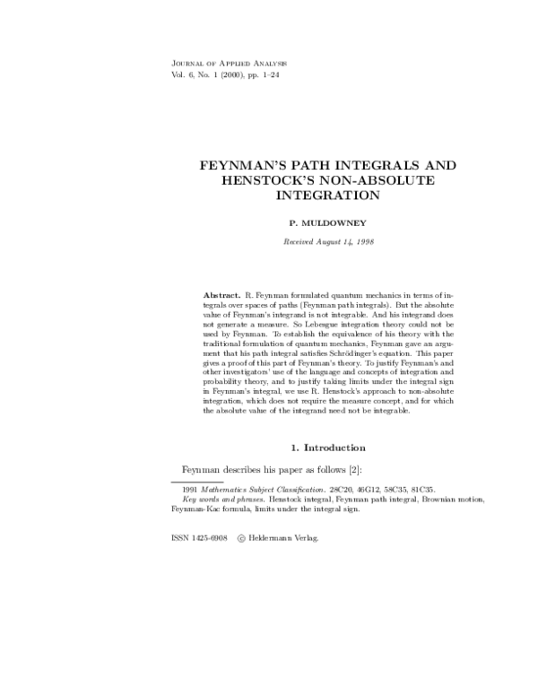 (PDF) Feynman's Path Integrals and Henstock's Non-Absolute Integration