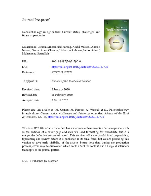 (PDF) Nanotechnology in agriculture: Current status, challenges and ... (PDF) Nanotechnology in agriculture: Current status, challenges and ...