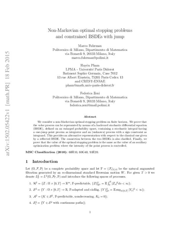 (PDF) Non-Markovian optimal stopping problems and constrained BSDEs ...