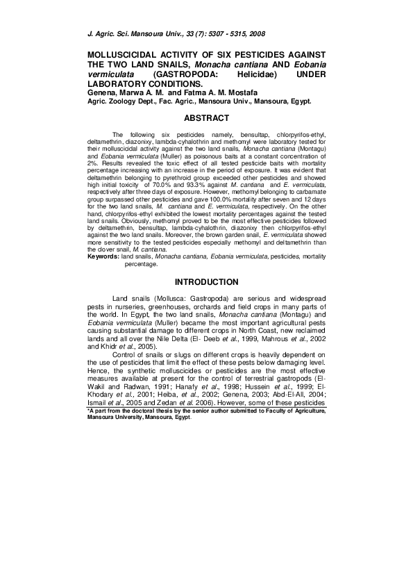 (PDF) MOLLUSCICIDAL ACTIVITY OF SIX PESTICIDES AGAINST THE TWO LAND ...