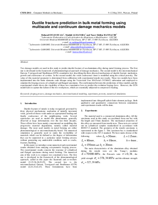 Pdf Ductile Fracture Prediction In Bulk Metal Forming Using
