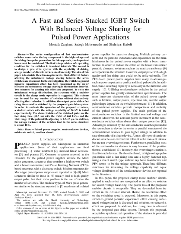 (PDF) A Fast and Series-Stacked IGBT Switch With Balanced Voltage Sharing for Pulsed Power ...