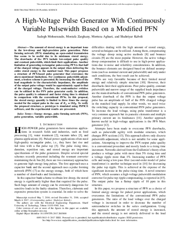 (PDF) A High-Voltage Pulse Generator With Continuously Variable Pulsewidth Based on a Modified PFN